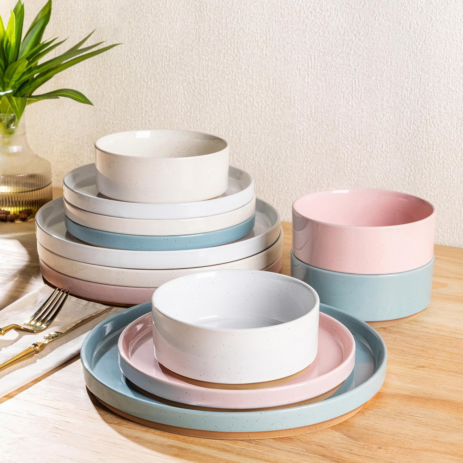 Ceramic Dinnerware Set for 4 | Speckled Stoneware Plates and Bowls with ...