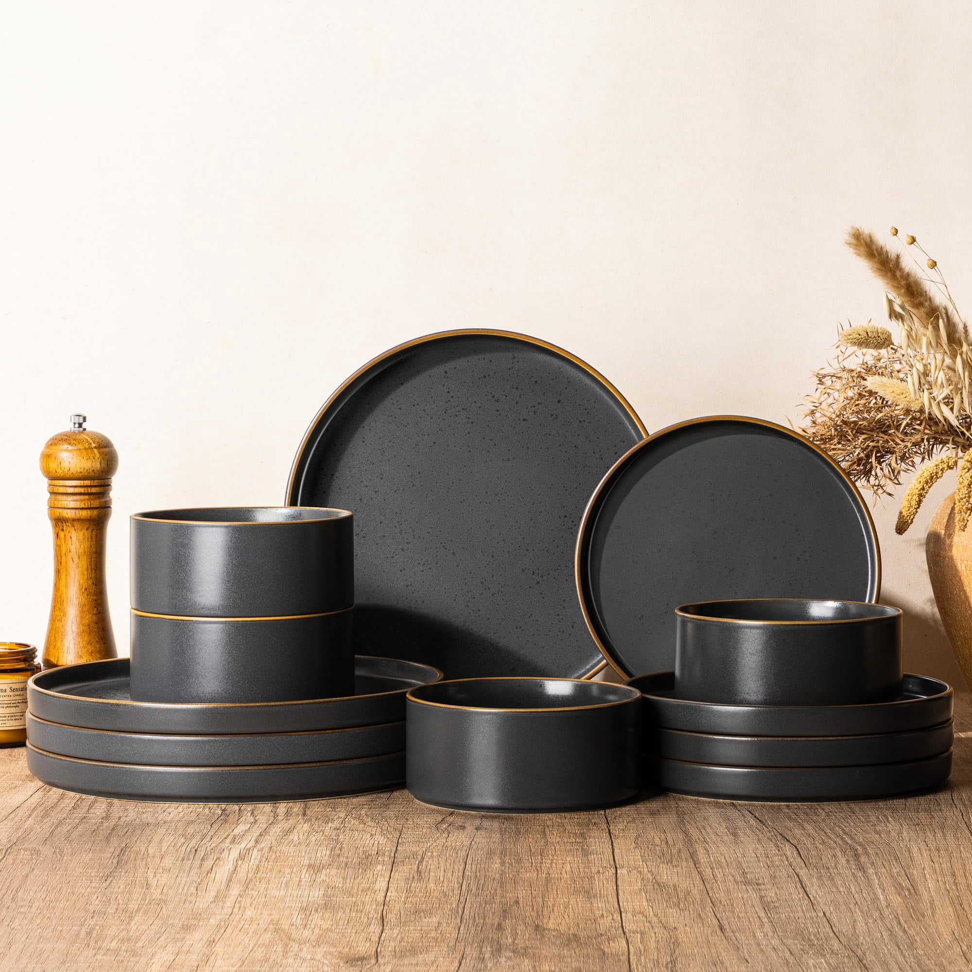 Ceramic Dinnerware Set Ashen Gold Rim Service for 4 - Walmart.com
