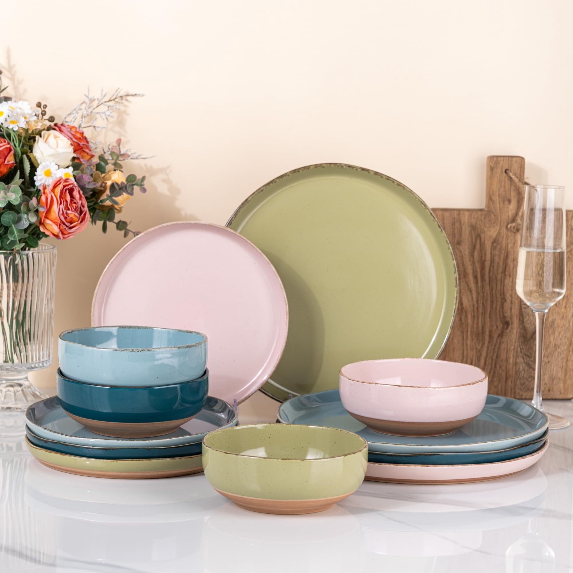 Ceramic Dinnerware Set Colorful(Handbrush Rim), For 4(12Pcs) Tableware ...