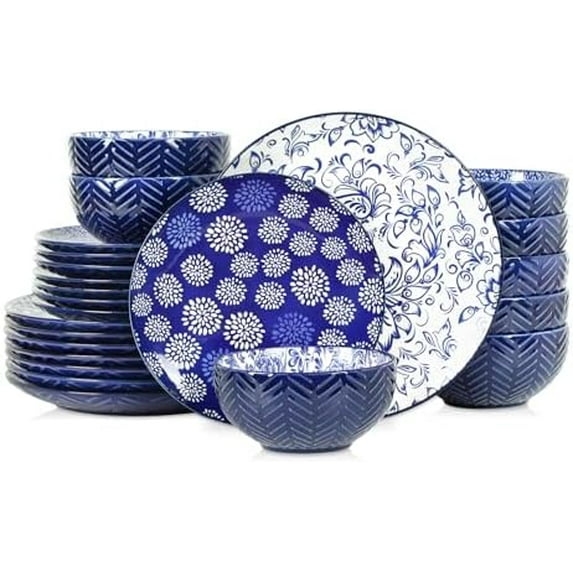 Ceramic Dinnerware Sets, 24 Pieces Dishes Set for 8, Embossed Plates ...