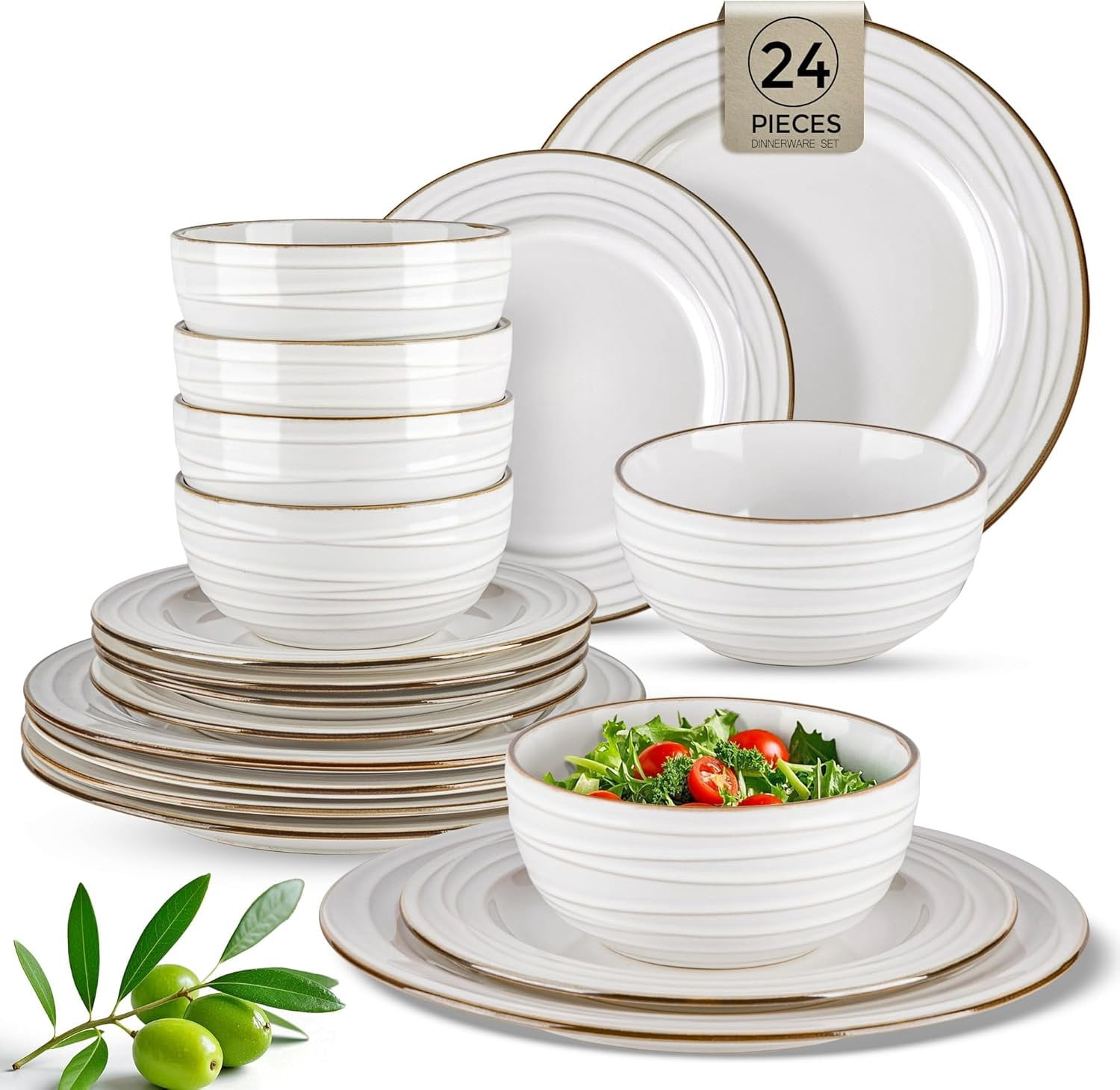 Ceramic Dinnerware Sets, 24 count Embossed Elegant Stoneware Plates and ...