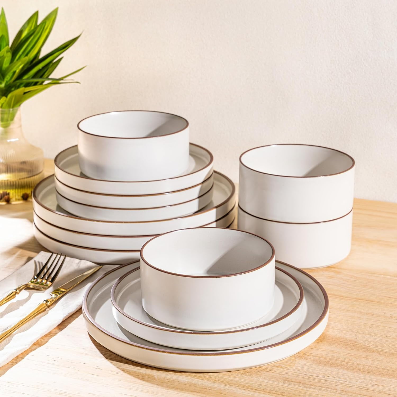 Ceramic Dinnerware Sets for 4, High Edge Stoneware Plates and Bowls Set ...