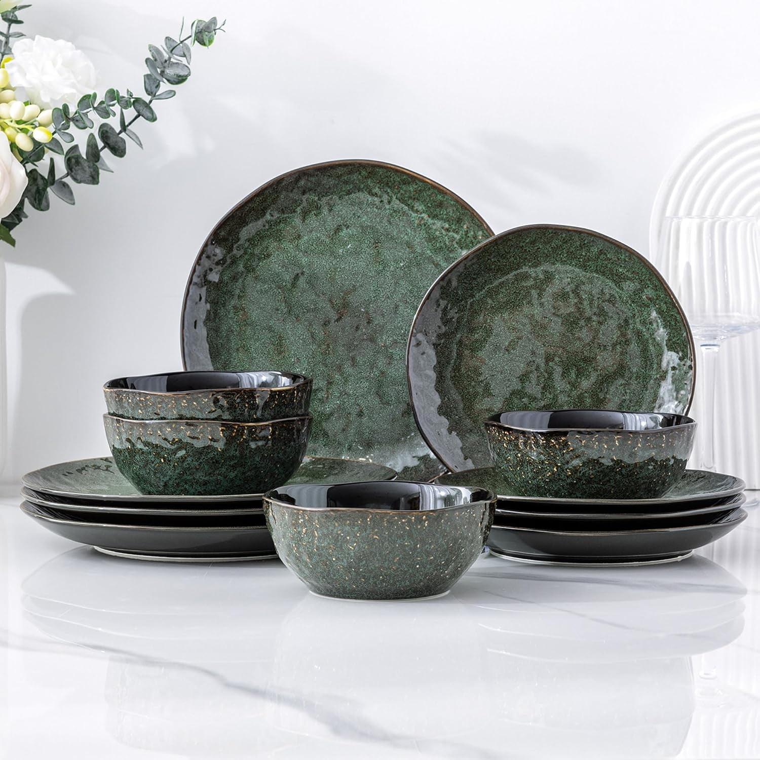 Ceramic Dinnerware Sets of 4, Plates and Bowls with Wavy Edge, Highly ...