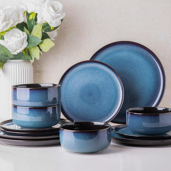 Blue Ceramic Dinnerware Set for 4, Handmade Reactive Glaze Porcelain ...