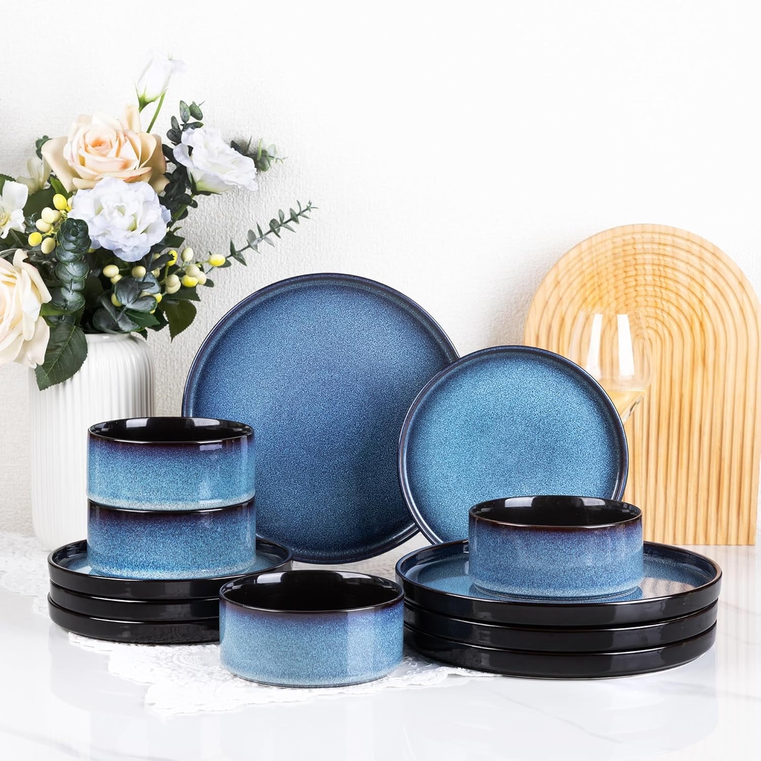 Ceramic Dinnerware Sets for 4,Round Reactive Glaze Ceramic Plates and ...