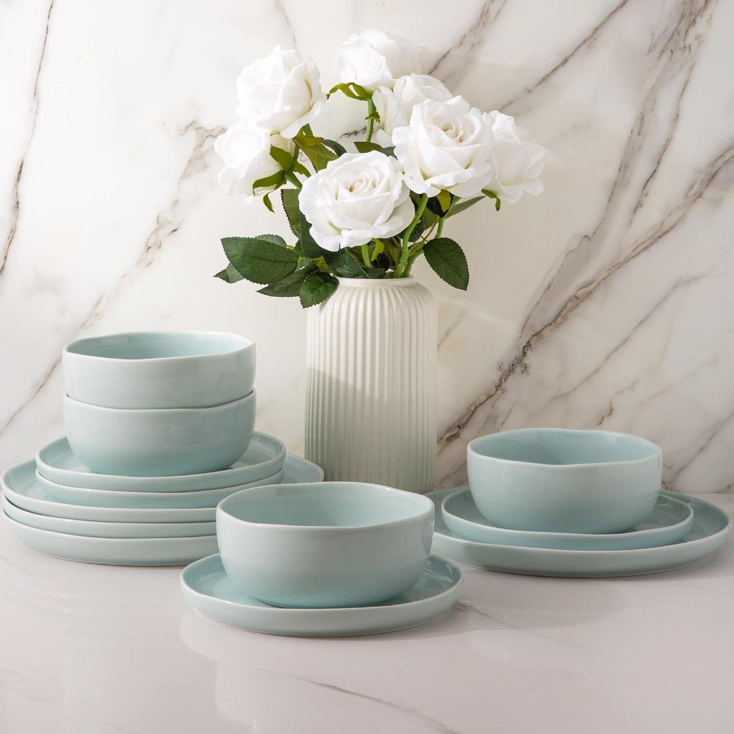 Ceramic Dinnerware Sets, Wavy Rim Stoneware Plates and Bowls Sets ...