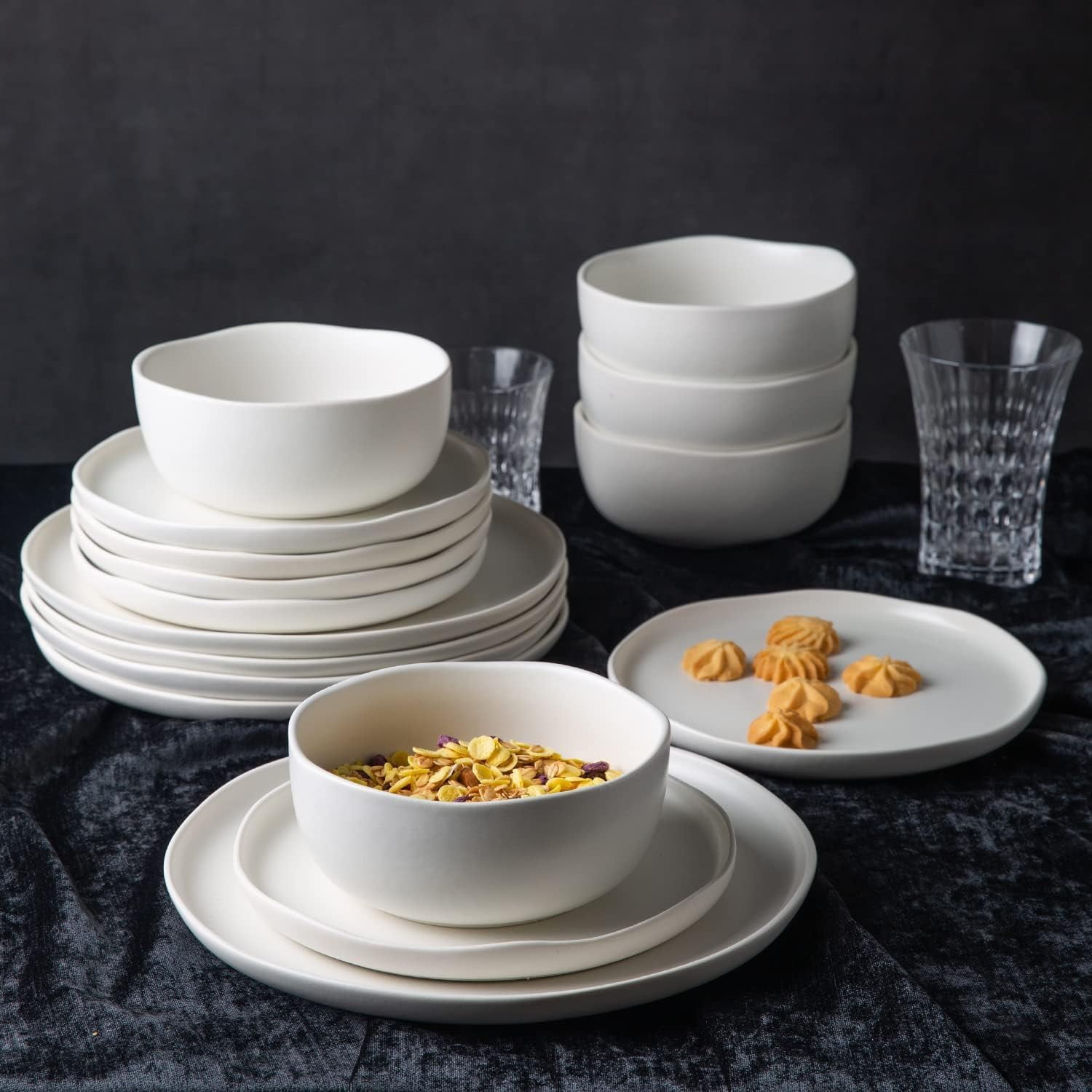 Ceramic Dinnerware Sets, Wavy Rim Stoneware Plates and Bowls Sets ...