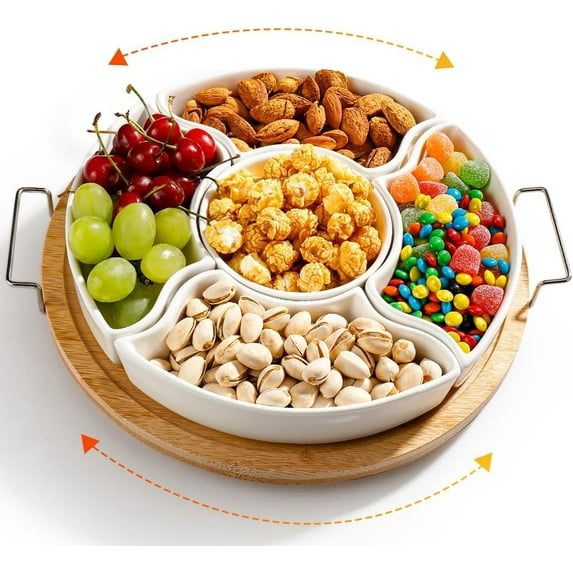 Ceramic Divided Serving Dishes with Bamboo Tray,360° Rotatable Serving ...