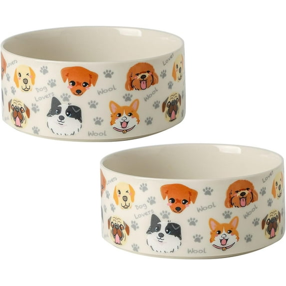 Ceramic Dog Bowls Set of 2, Pet Dogs Food Water Bowl with Cute Pattern ...