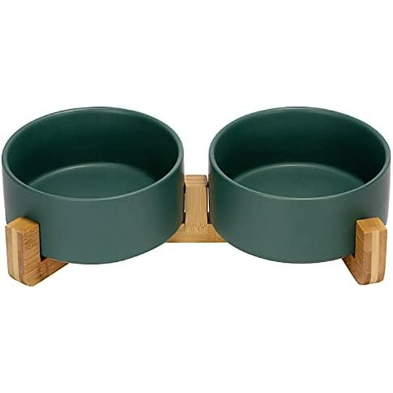 Ceramic Dog and Cat Bowl with Wood Stand Non-Slip Matte Glaze Weighted ...