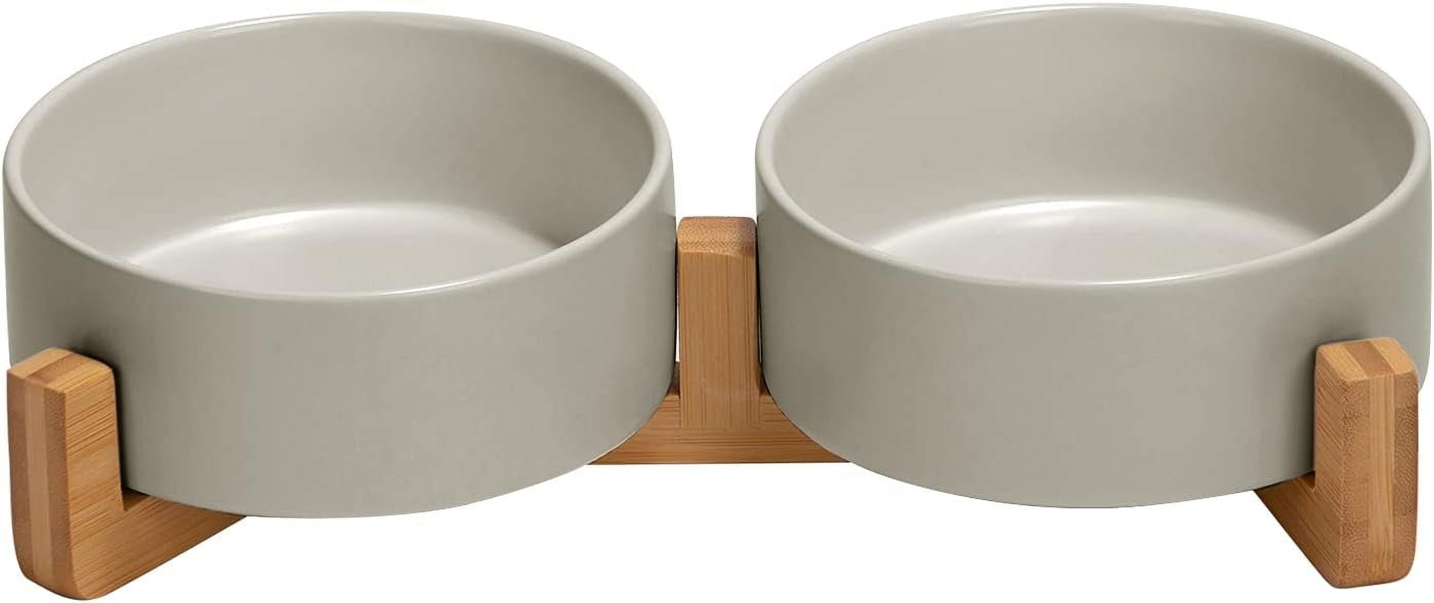 Ceramic Dog and Cat Bowl with Wood Stand Non-Slip Matte Glaze Weighted ...