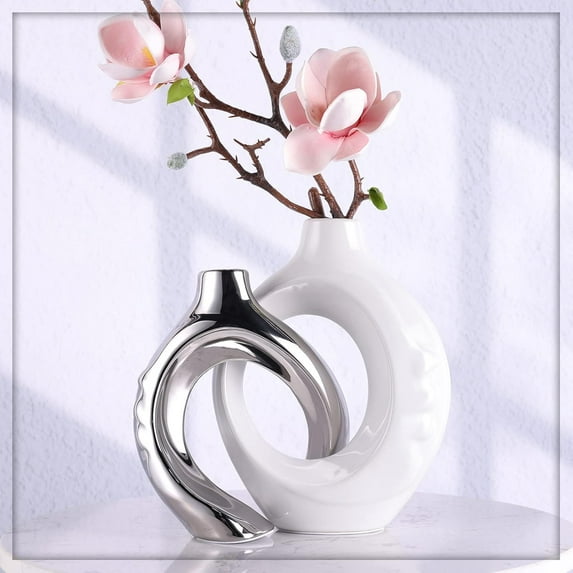 Ceramic Donut Vase Set - White and Silver Round Decorative Vases ...