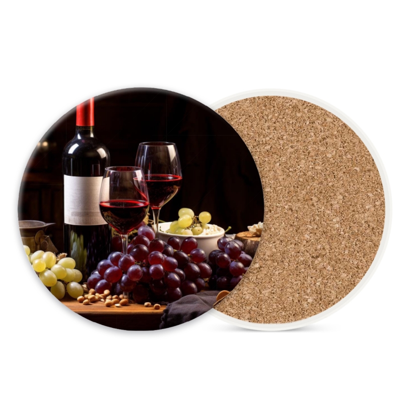 Ceramic Drink Coasters Absorbent Set of 1, Red Wine and Grapes Round ...