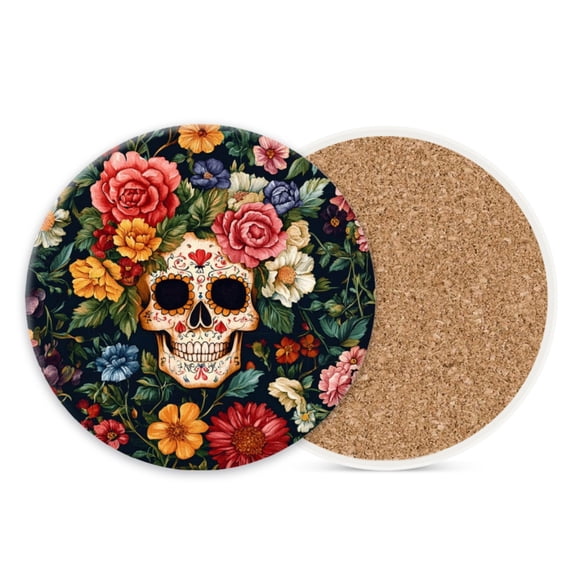 Ceramic Drink Coasters Absorbent Set of 1, Sugar Skull with Floral ...
