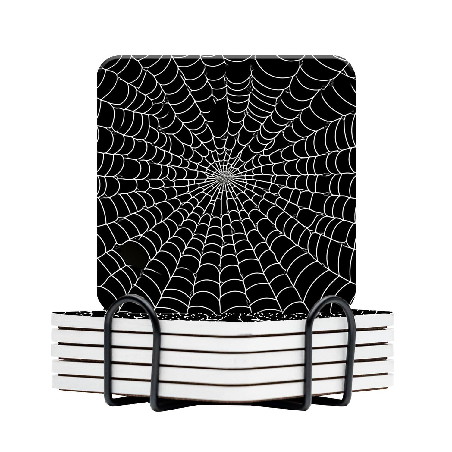 Ceramic Drinking Coasters With Holder,Black mysterious spider web ...