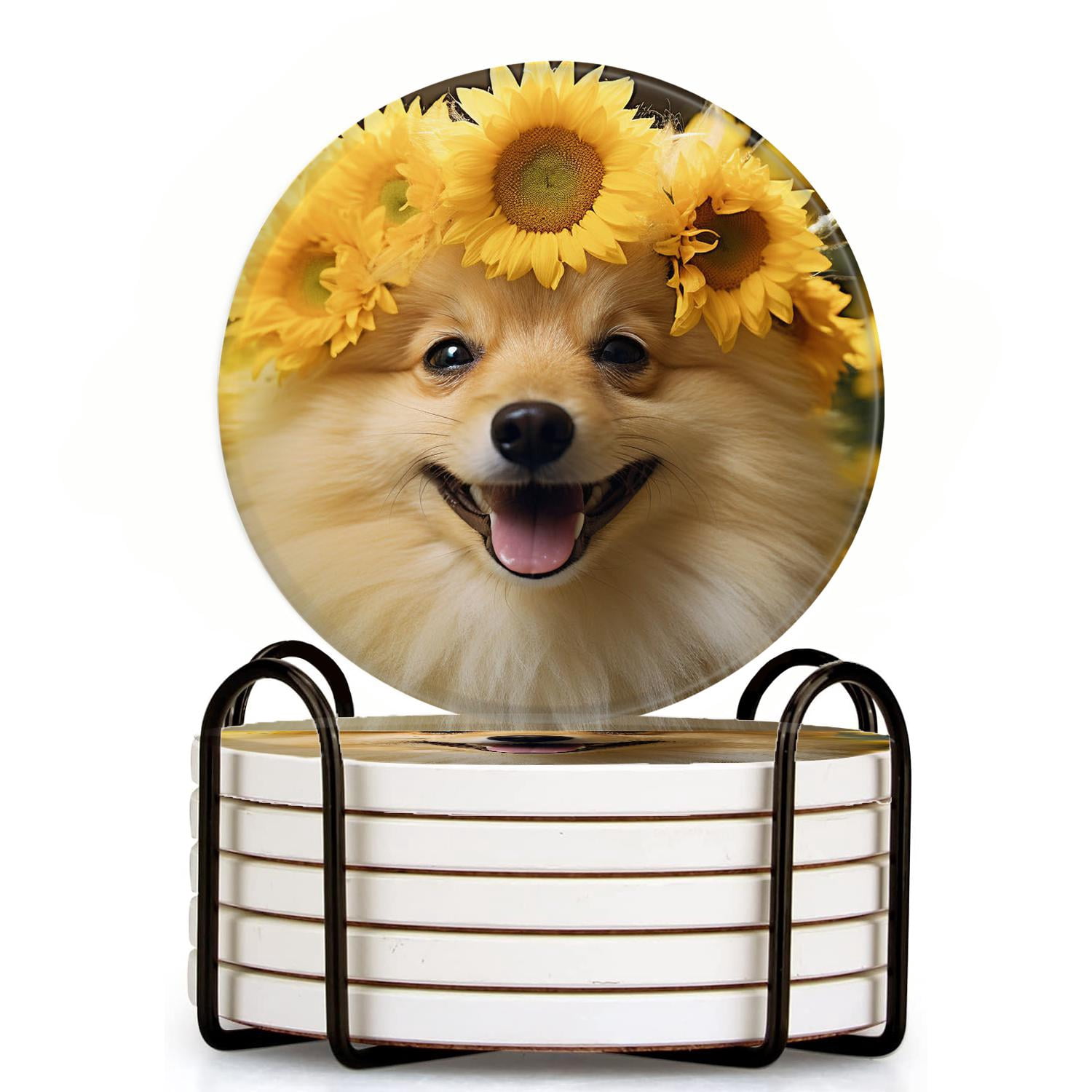 Ceramic Drinking Coasters With Holder,Cute dog with sunflower wreath ...