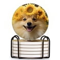 Ceramic Drinking Coasters With Holder,Cute dog with sunflower wreath ...