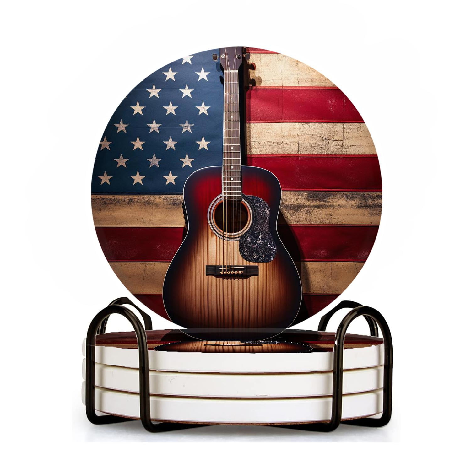 Ceramic Drinking Coasters With Holder,Guitar Vintage Design on American ...