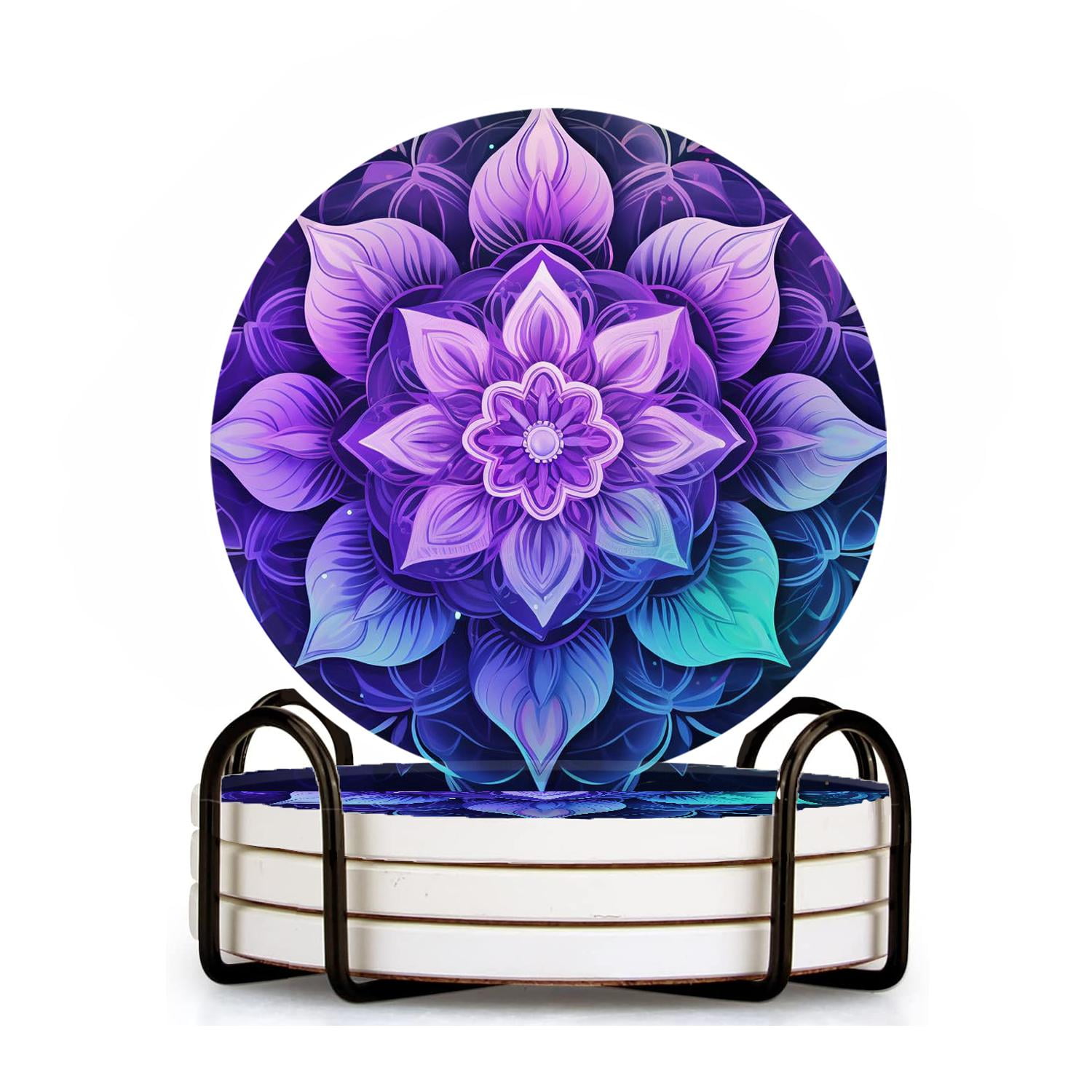 Ceramic Drinking Coasters With Holder,Mysterious blue purple mandala ...
