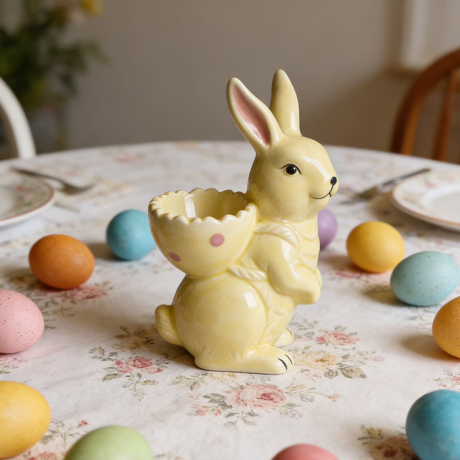 Ceramic Easter Bunny Figurine with Half-Egg Shaped Bowl, White/ Yellow ...