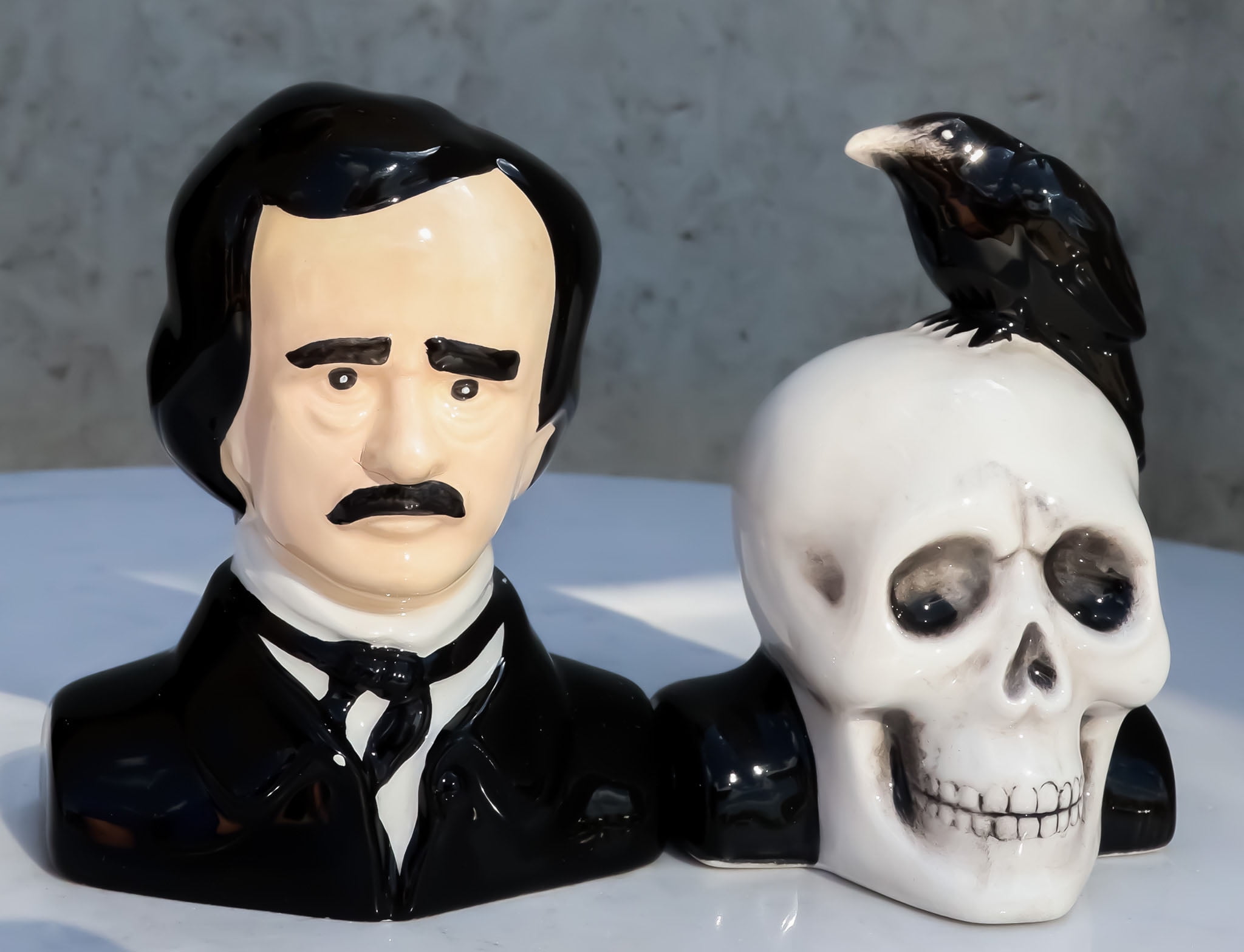 Ceramic Edgar Allen Poe And Nevermore Raven On Skull Salt And Pepper ...