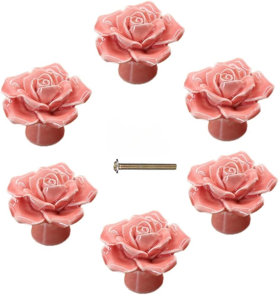 Ceramic Elegant Rose Flower Cabinet Knobs, 6Pcs Red Vintage Kitchen Rose Flower Drawer Knobs ...
