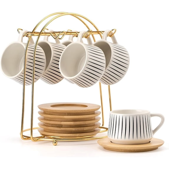 Ceramic Espresso Cup Set with Saucers and Metal Holder, 6-Piece White ...
