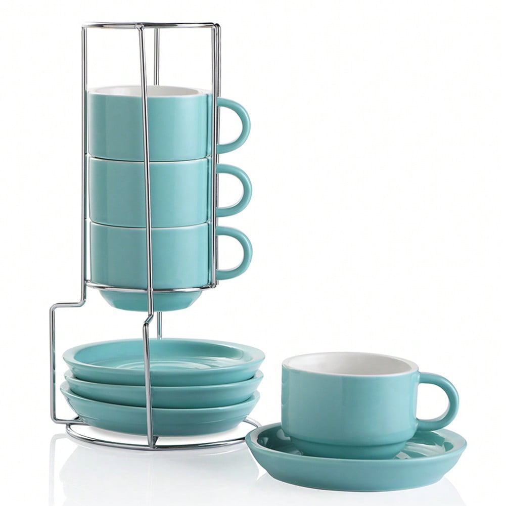 Ceramic Espresso Cups With Saucers, 4 Ounce Stackable Cappuccino Cups ...