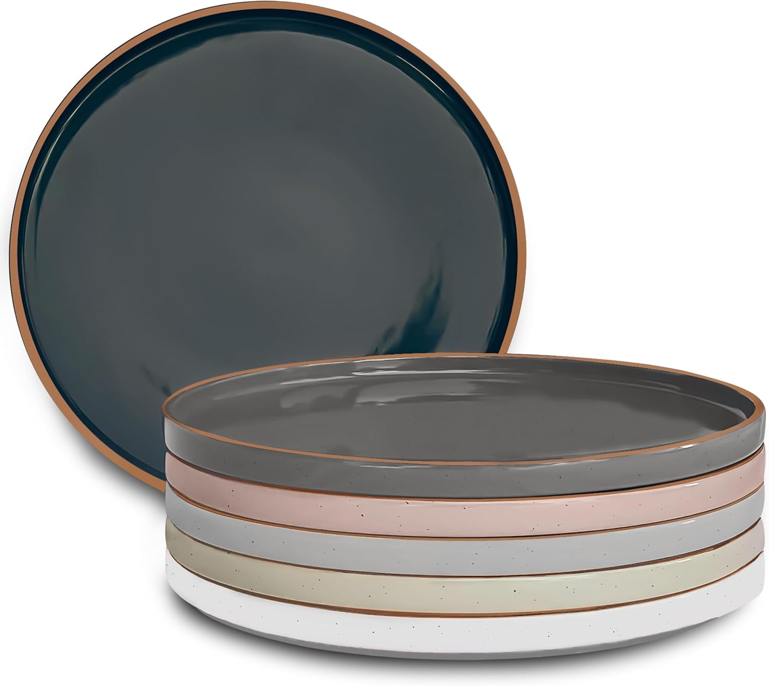 Ceramic Flat Dinner Plates Set of 6, 10.5 in High Edge Dish Set ...