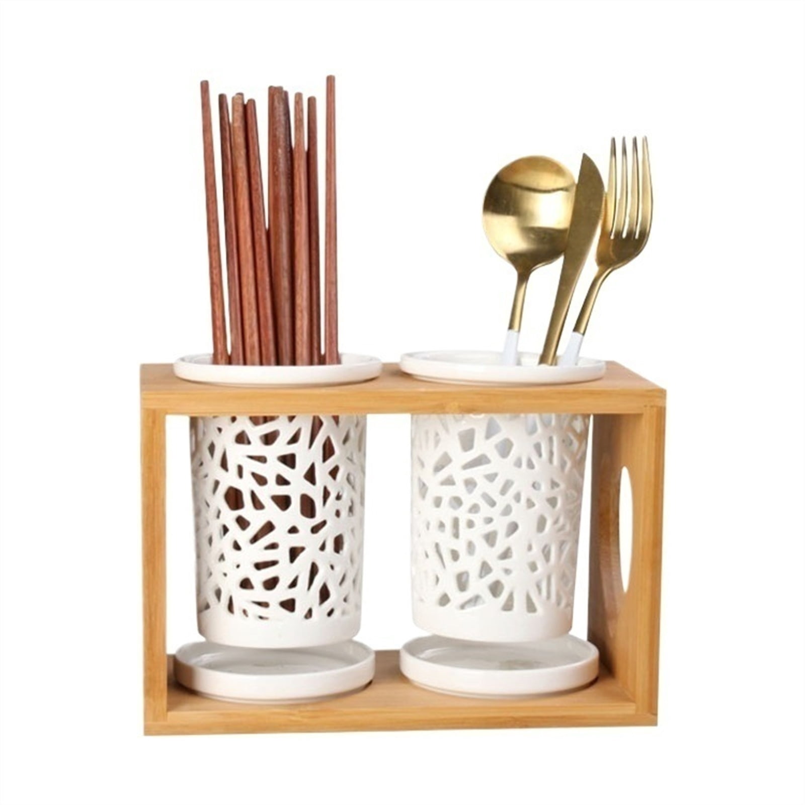 Ceramic Flatware Caddy with Bamboo Wood Rack and Drain Tray - Walmart.com