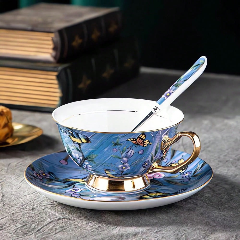 Ceramic Flower Bird Pattern Tea Cup And Saucer Set - Gold-Plated, Bone ...