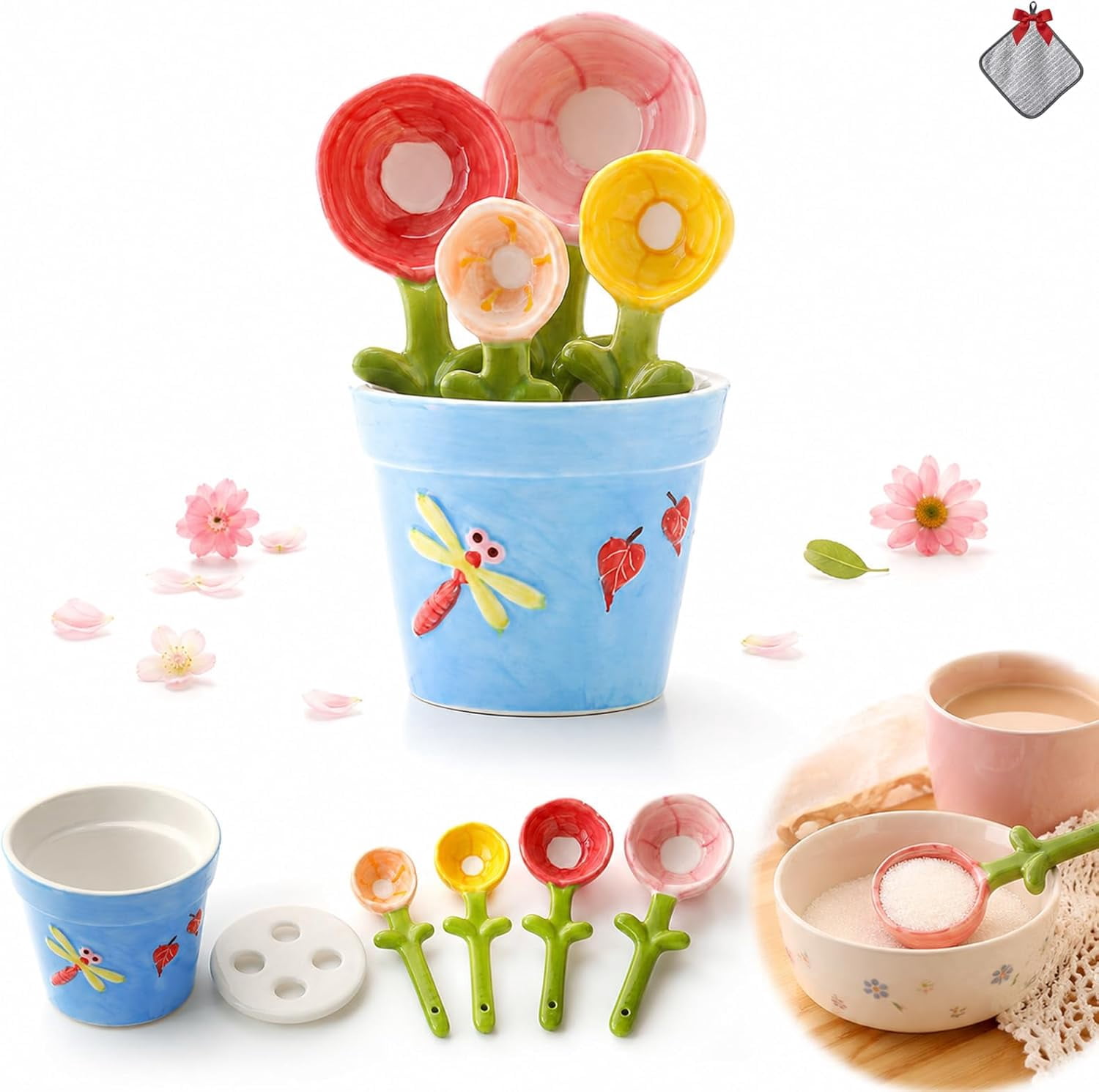 Ceramic Flower Measuring Spoons Set in Pot, Cute Measuring Cups and ...