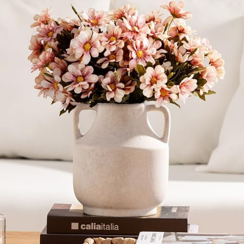 Ceramic Flower Vase with Handles, 8 inch Tall Off-White Vase ...
