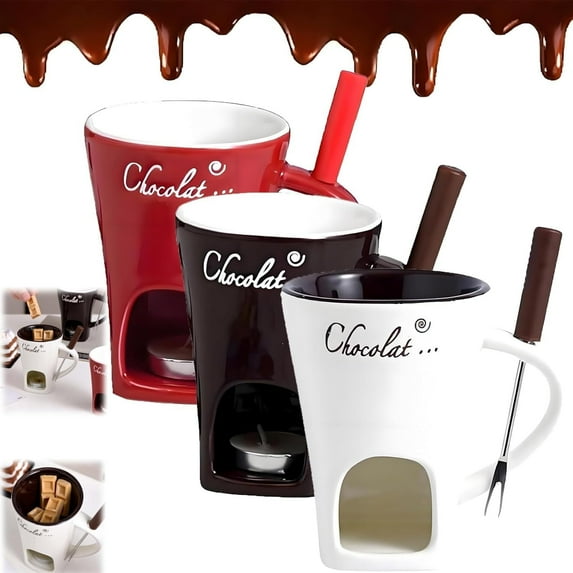 Ceramic Fondue Mug, Chocolate Fondue Meltie Cup Set with Fork, Ceramic ...