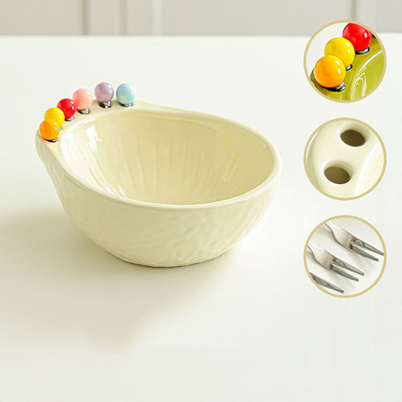 Ceramic Fruit Bowl with Colorful Ball Accents, Fruit Fork Set Included ...