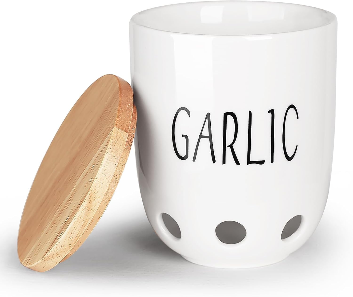 Ceramic Garlic Keeper for Counter, Garlic Saver Container with Wood Lid ...