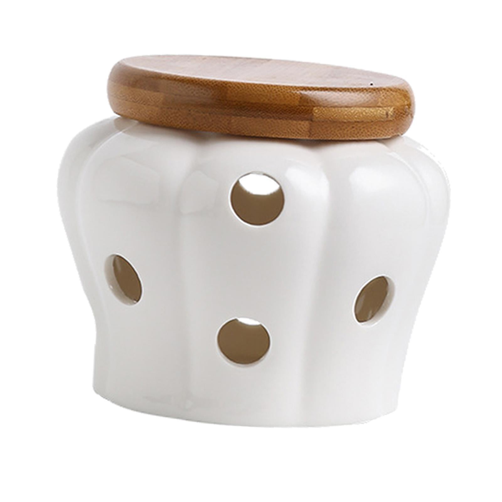 Ceramic Garlic Keeper Garlic Jars with Bamboo Lid Vented Hollow Snacks ...
