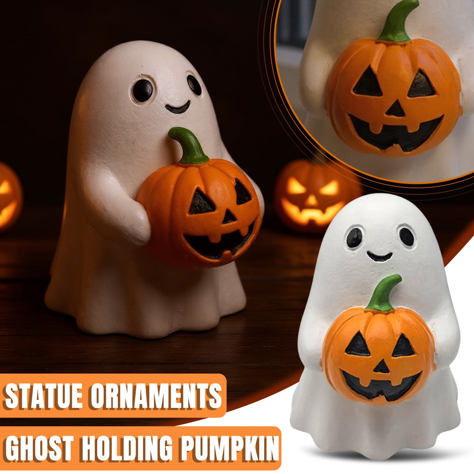 Ceramic Ghost Figurine with Pumpkin – Halloween Decoration Tabletop Ornament, Spooky Cute Fall ...