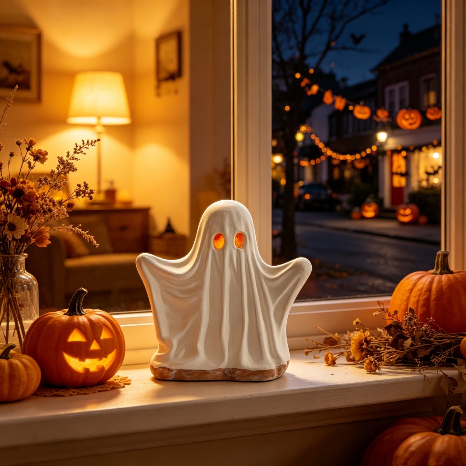 Ceramic Ghost LED Light, Cute White Ghost Figurine Lamp for Halloween ...