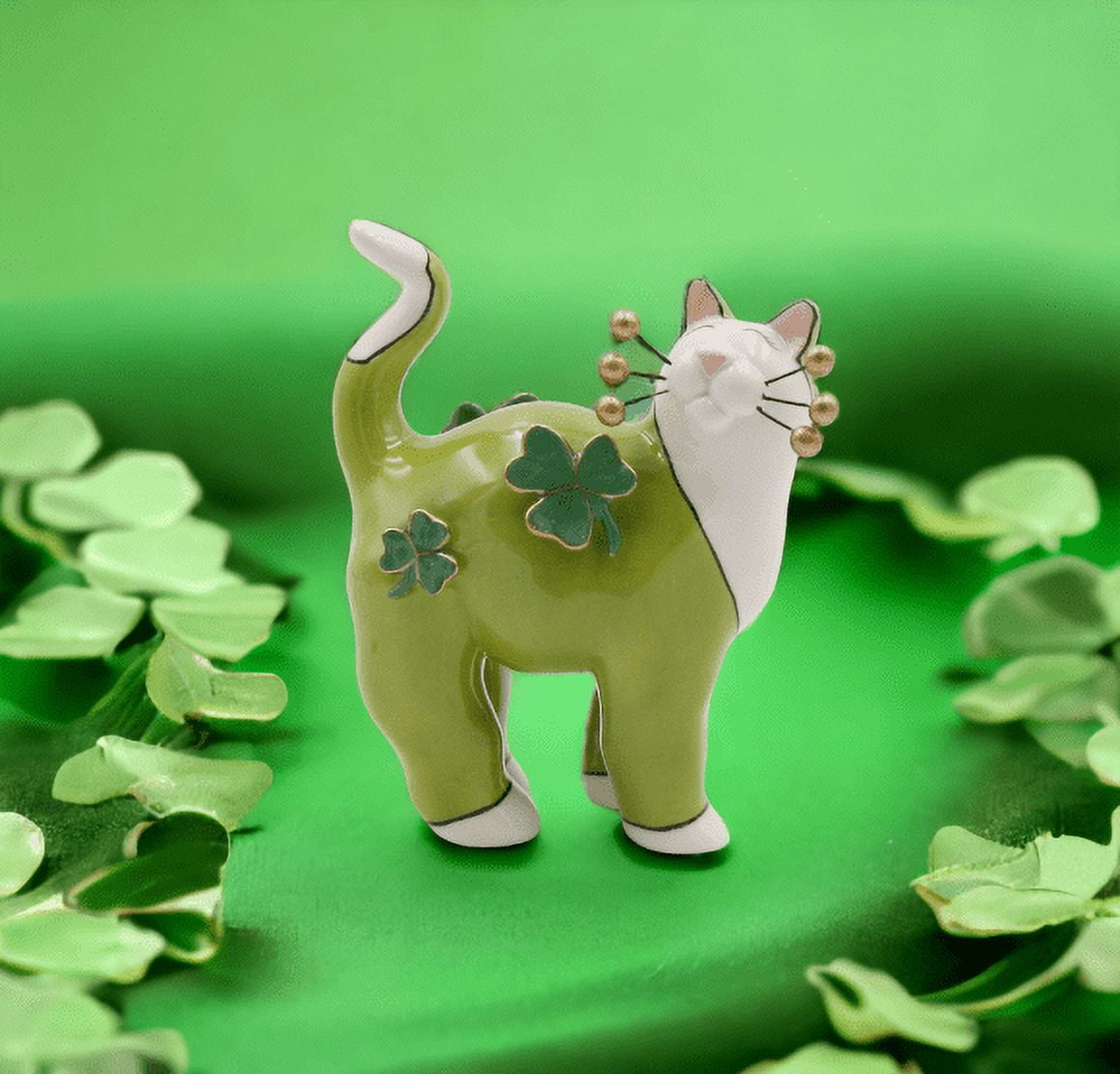 Ceramic Green Cat with Shamrocks and Golden Bead Whiskers Figurine Home ...