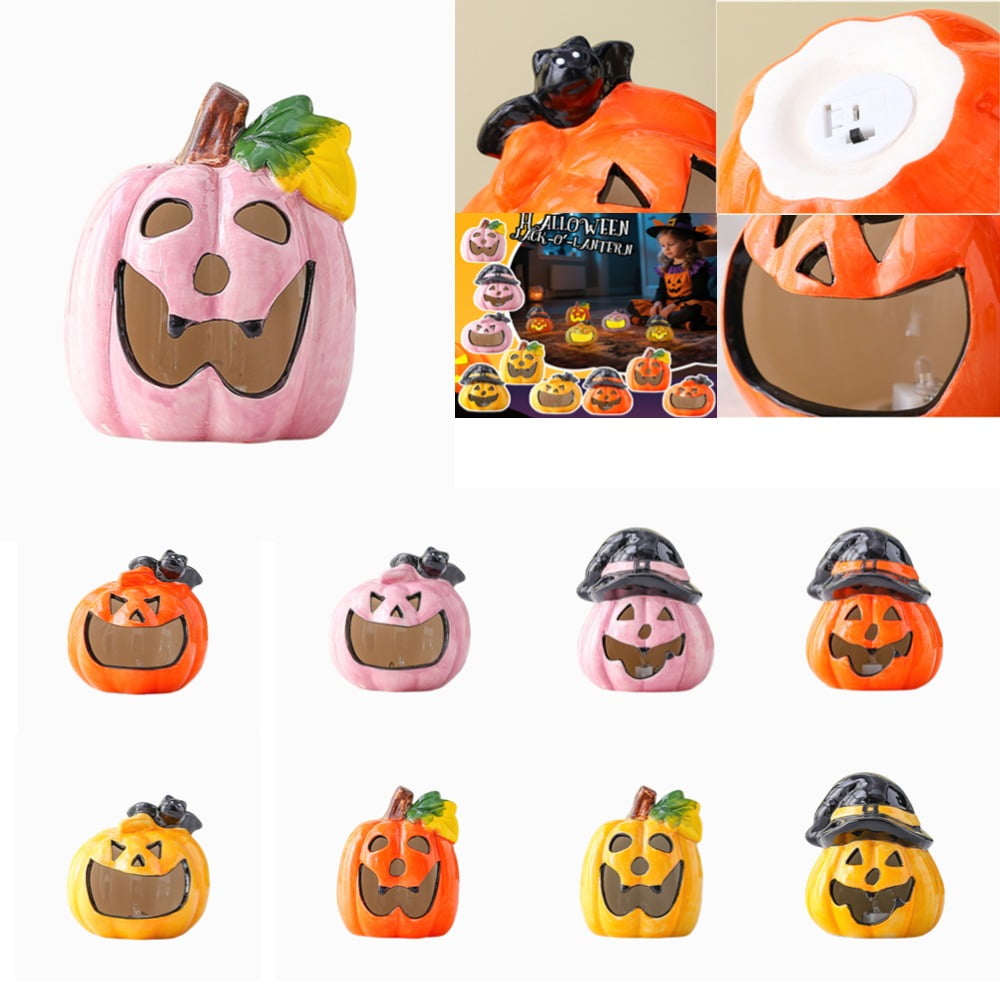 Ceramic Halloween Jack O Lantern Pumpkin, Hand Painted LED Light Up Pre ...