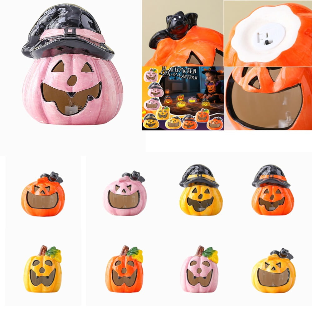 Ceramic Halloween Jack O Lantern Pumpkin, Pre-Lit Hand Painted LED ...