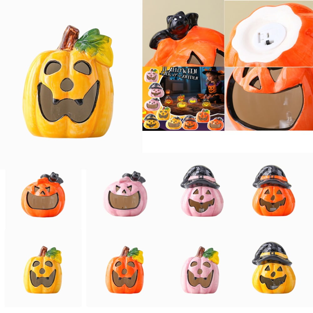 Ceramic Halloween Jack o Lantern Pumpkin, Lighted Spooky Face LED, Hand ...