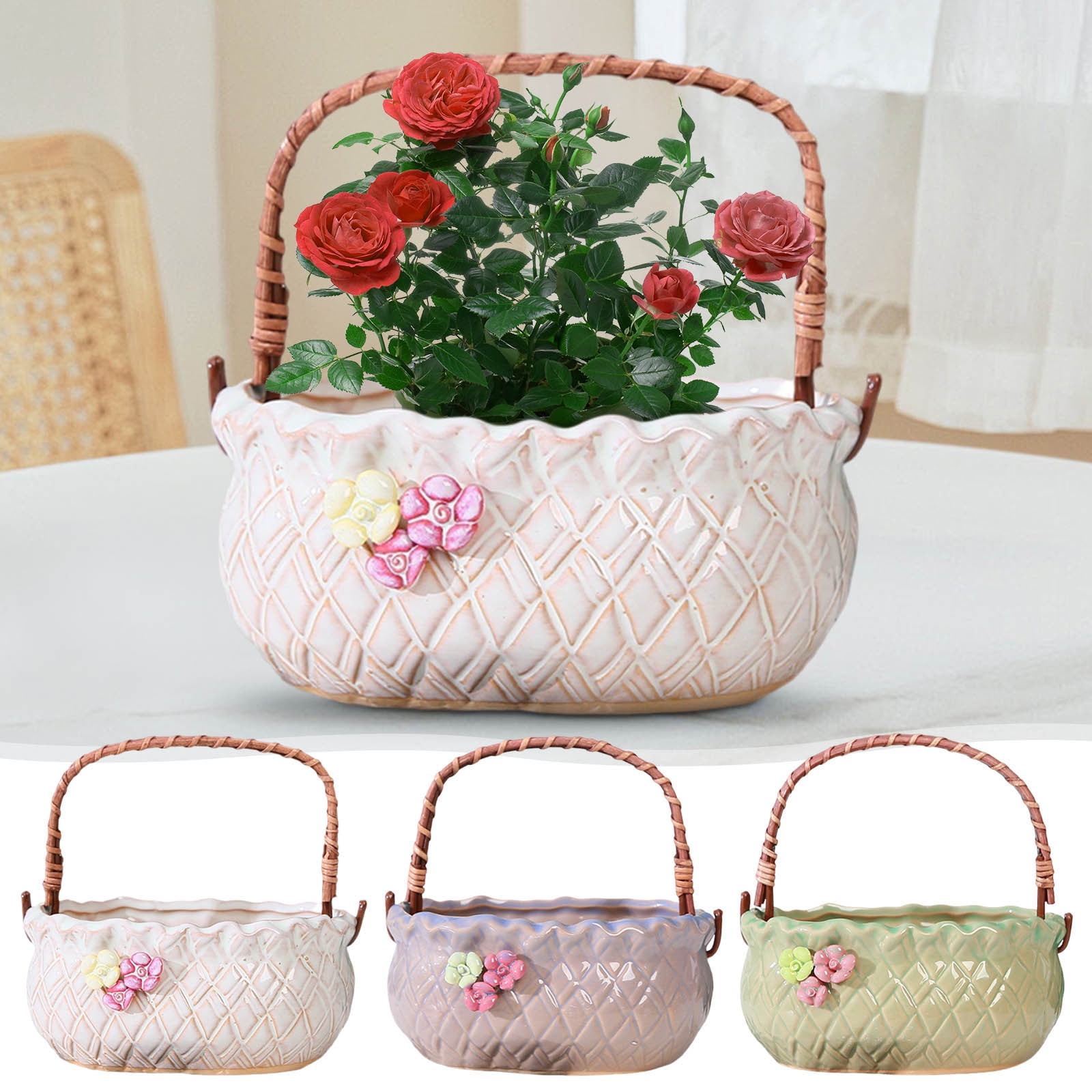 Ceramic Handheld Basket Planter - Decorative Succulent Plant Container ...