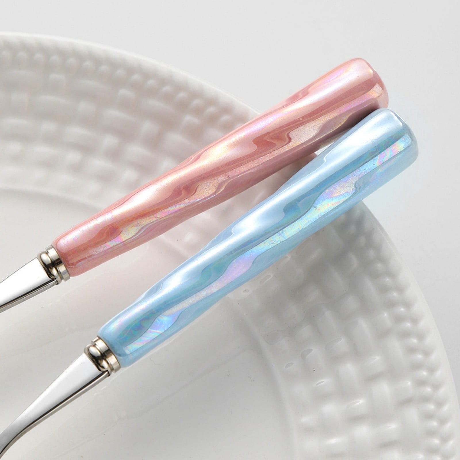 Ceramic Handle Stainless Dessert Fork Spoon Pearl Pattern Tableware for ...