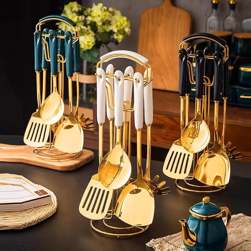 Ceramic Handle Stainless Steel Kitchenware Cooking Utensils 7 Pcs with ...