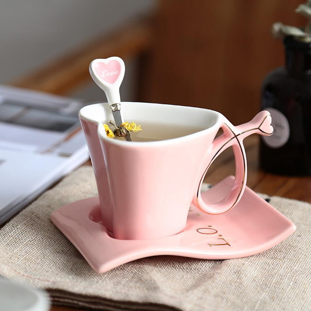 Ceramic Heart Shaped Tea Cup and Saucer Set with Gold Accents for ...