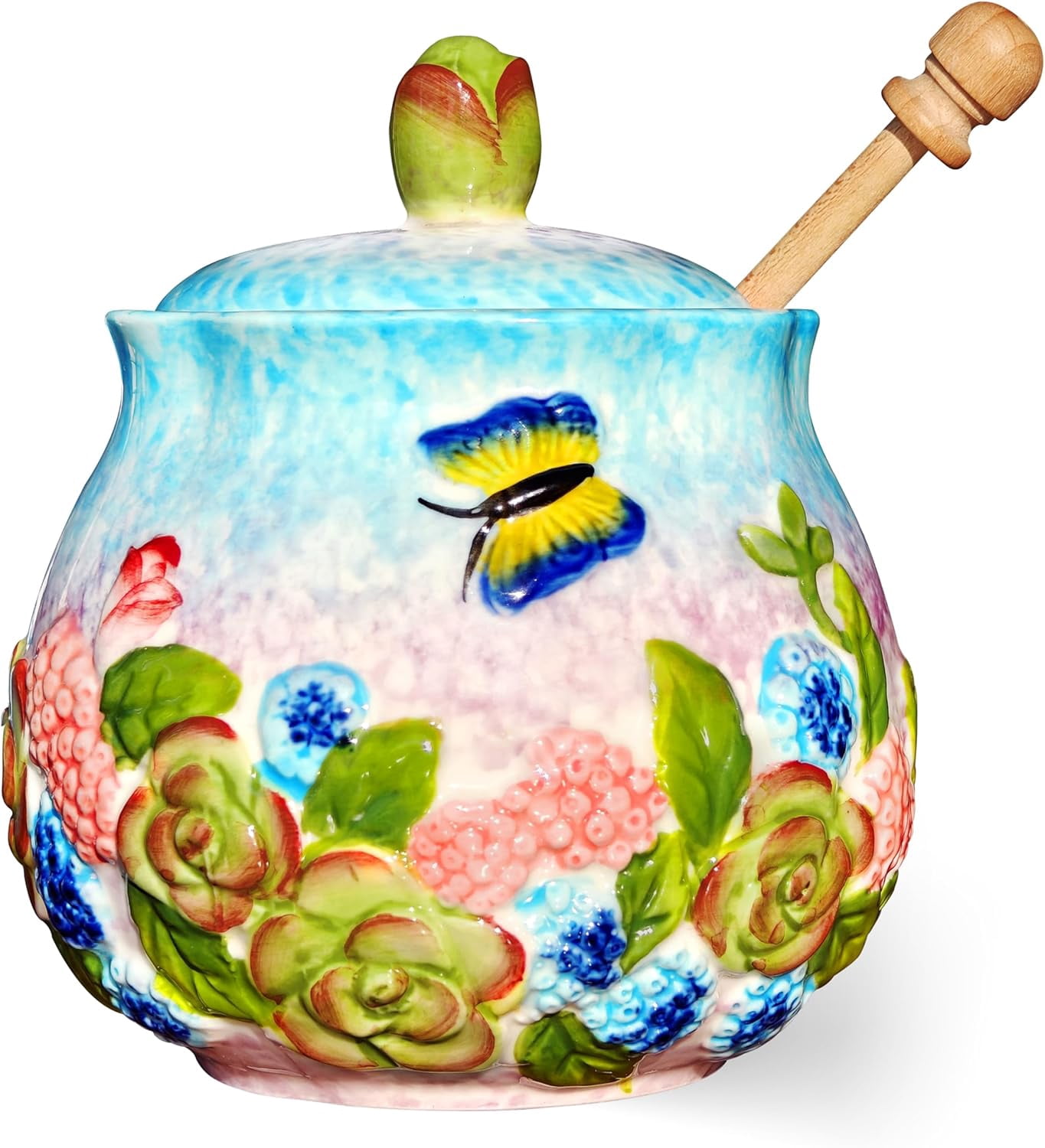 Ceramic Honey Pot with Dipper and Lid, 13.5oz Jar Hand-painted Relief ...