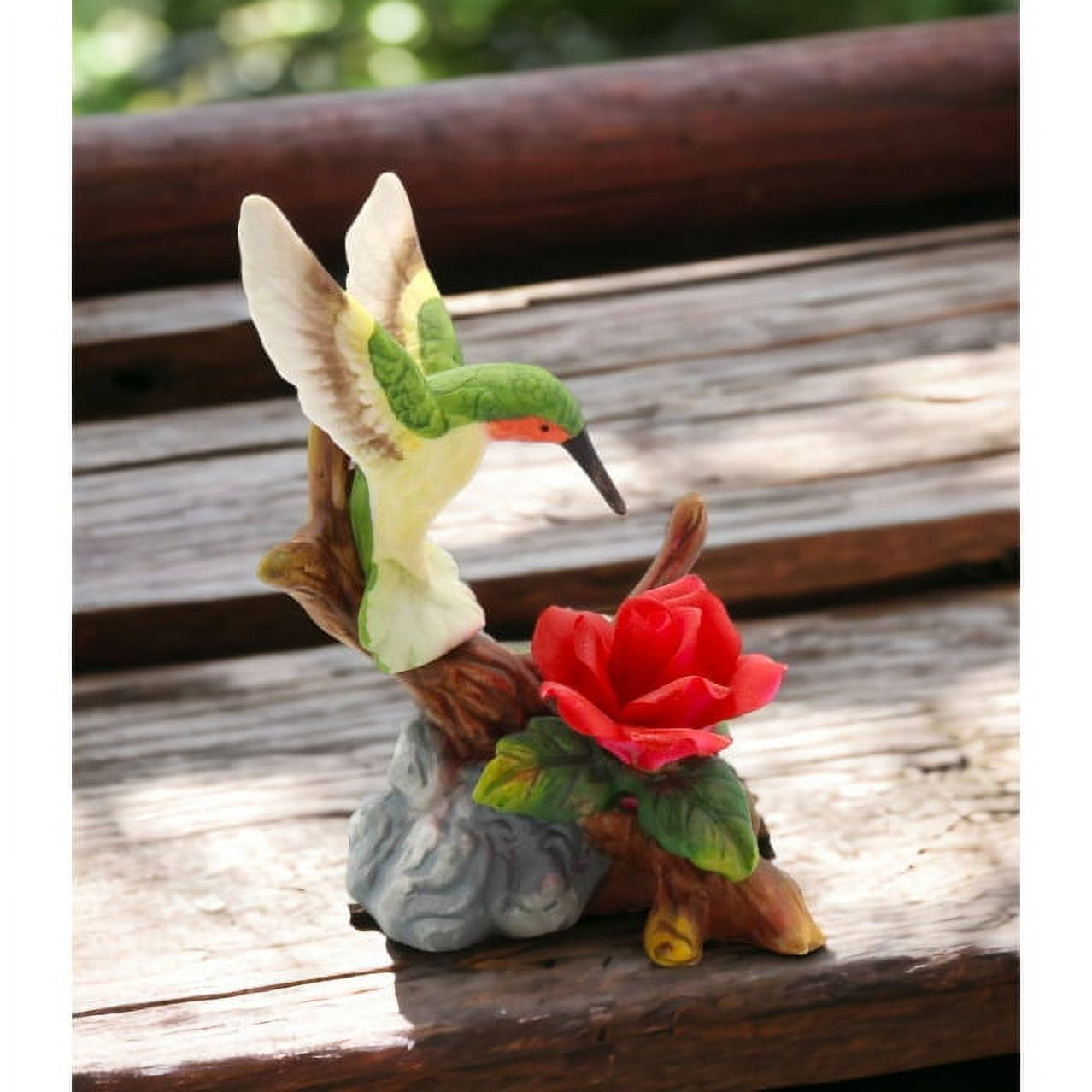 Ceramic Hummingbird Figurine with Red Rose 4.5in - Walmart.com