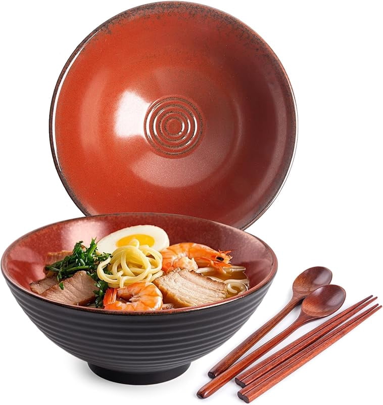 Ceramic Japanese Ramen Bowl Set, 2 Sets Asian Pho Udon Soup Noodle ...
